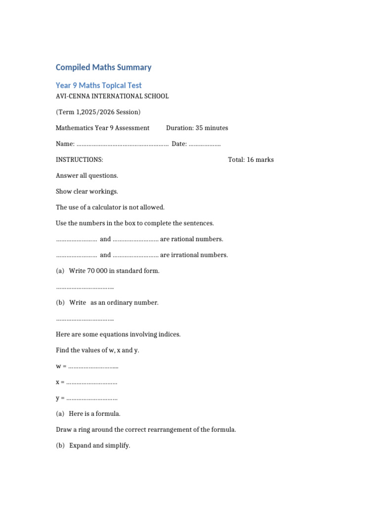 Year 9 Maths Test Summary 2025/2026 | PDF | Significant Figures | Numbers