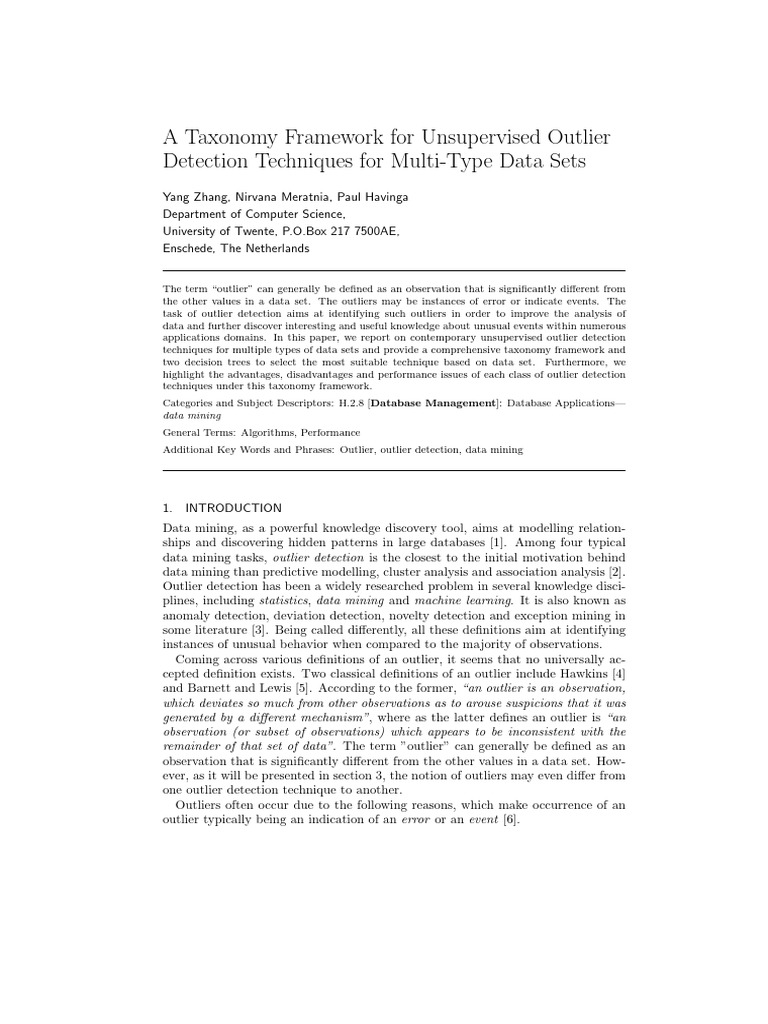 A Taxonomy Framework For Unsupervised Outlier Detection Techniques For Multi-Type Data Sets ...