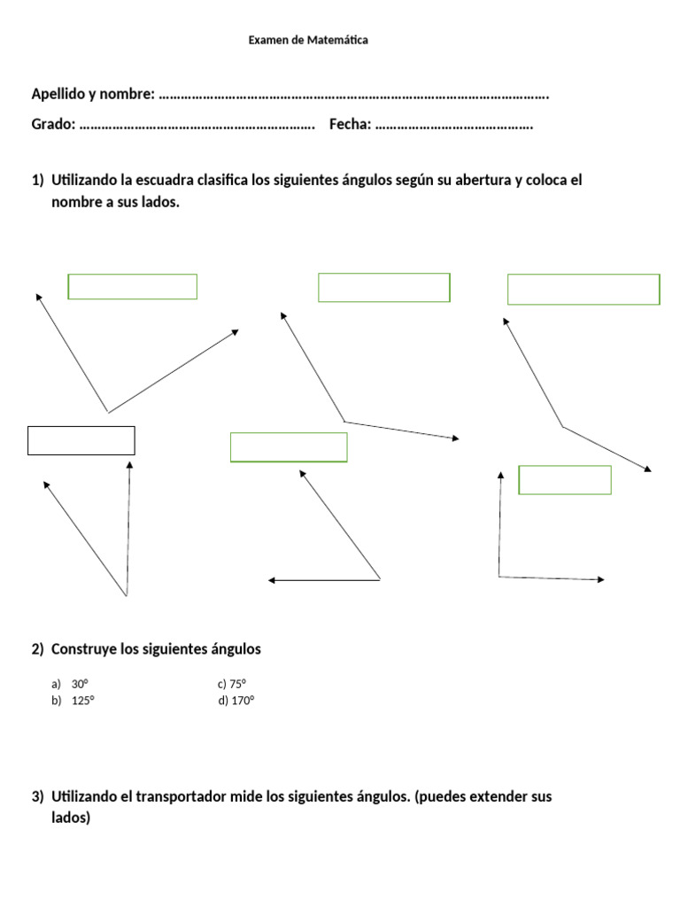Examen de Matemática Angulos | PDF