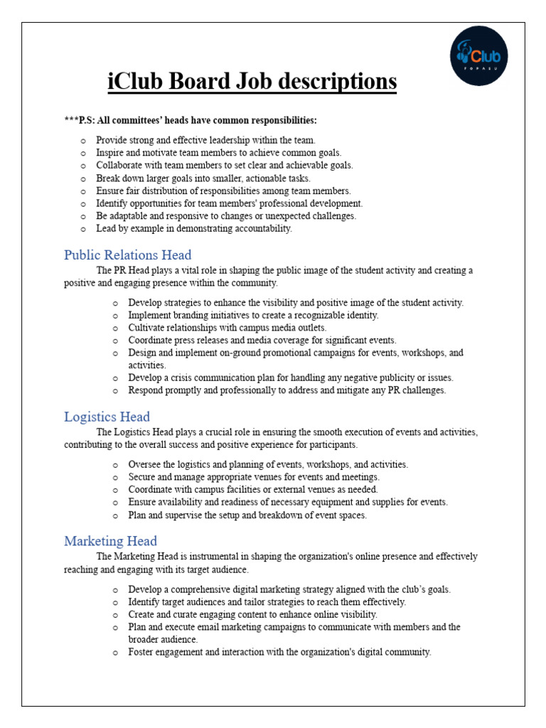 Iclub Board Job Descriptions | PDF | Public Relations | Social Psychology