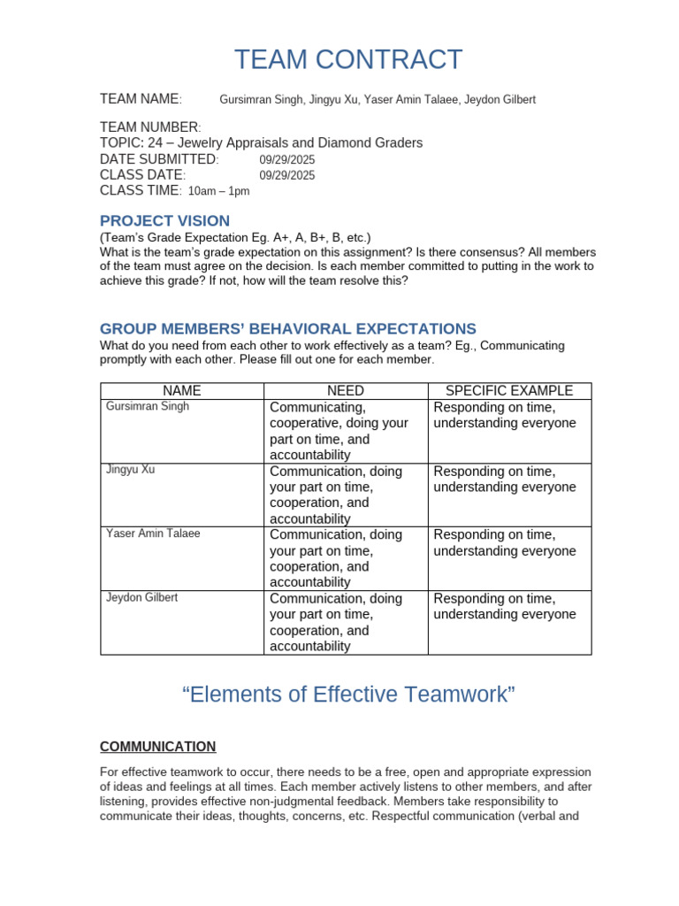 Team Contract for Jewelry Appraisal Project | PDF | Leadership ...