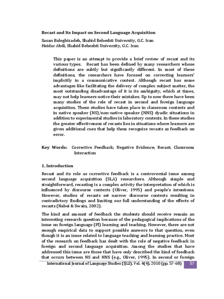 Recast and Its Impact On Second Language Acquisition | PDF | Second ...