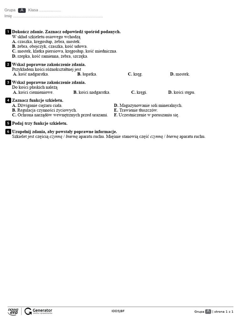 2.1 Aparat Ruchu - Budowa Szkieletu Test (Bez Widocznej Punktacji) | PDF