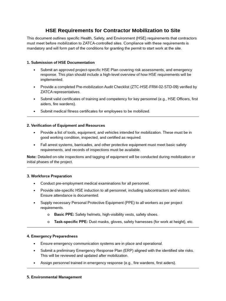 HSE Contractor Mobilization Requirements | PDF | Personal Protective ...