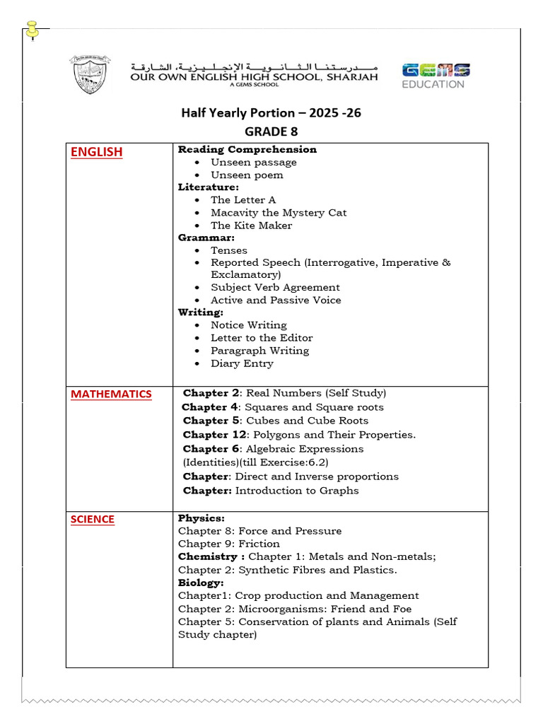 Grade 8 Half Yearly Portion 2025-26 | PDF | Grammar | Linguistics