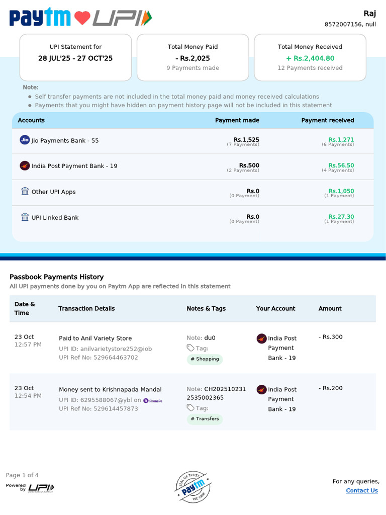 Paytm UPI Statement 28 Jul'25 - 27 Oct'25 | PDF | Economies | Services (Economics)