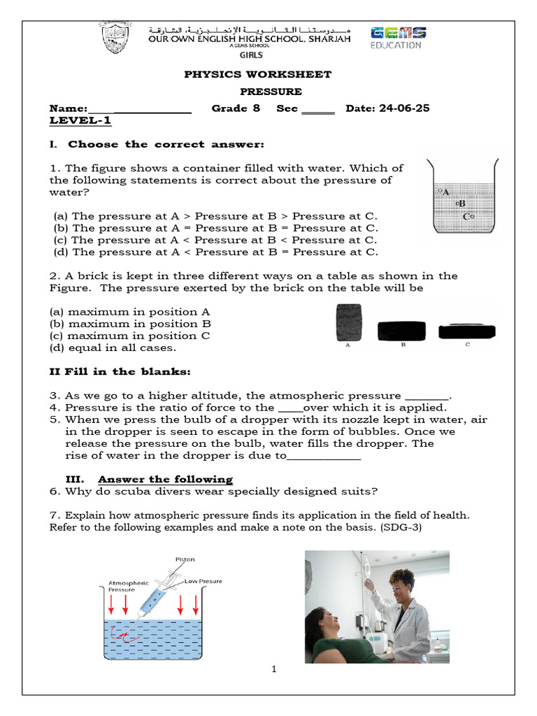 Grade 8 Pressure Worksheet PDF | PDF