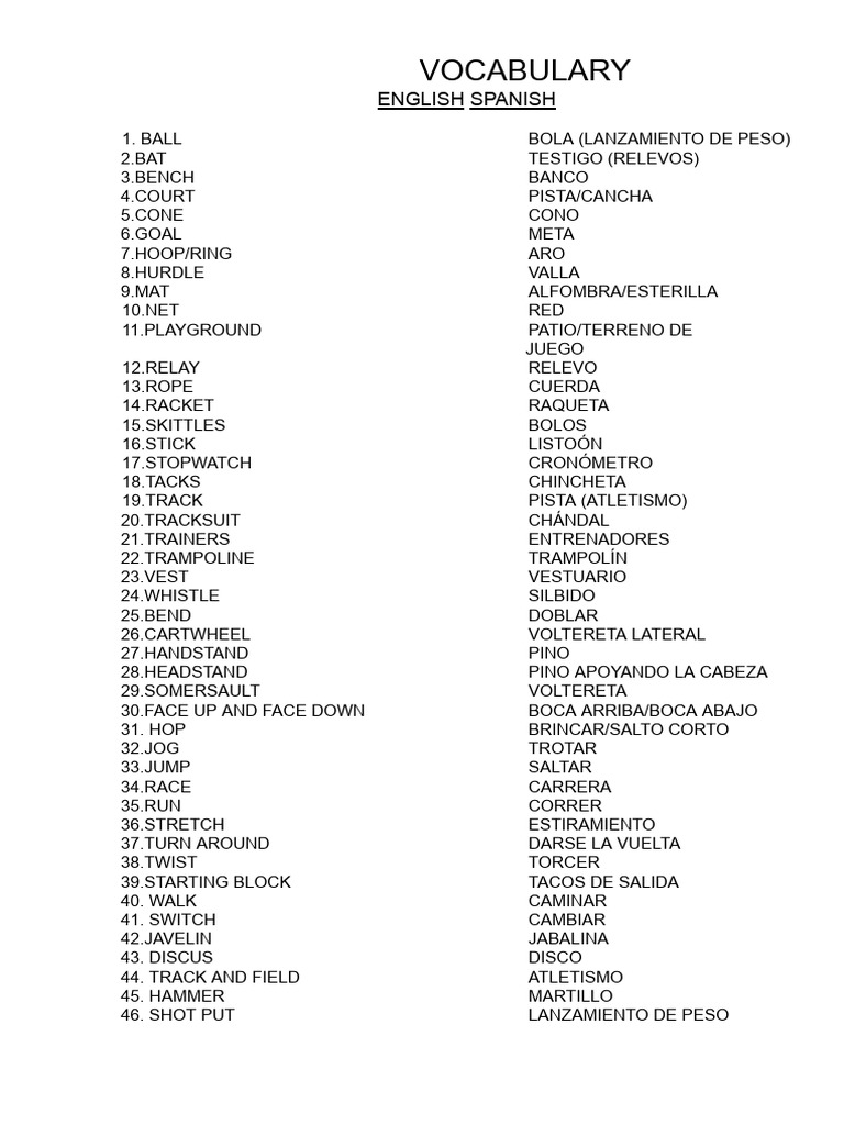 Vocabulario Deportivo: Inglés y Español | PDF | Deporte del atletismo ...