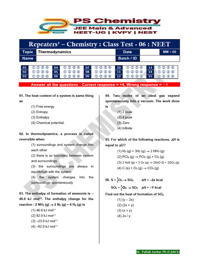 NEET Thermodynamics Class Test 06 | PDF | Enthalpy | Branches Of ...