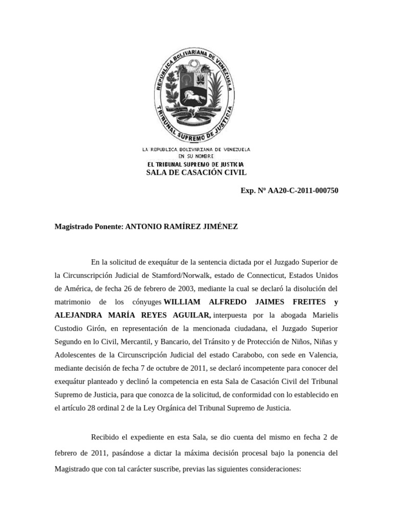 Exequátur de Divorcio: Caso Jaimes-Reyes | PDF | Sentencia (ley ...