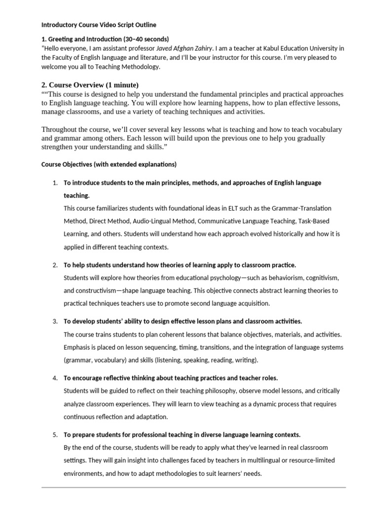Introductory Course Video Script Outline | PDF | Language Education | Learning