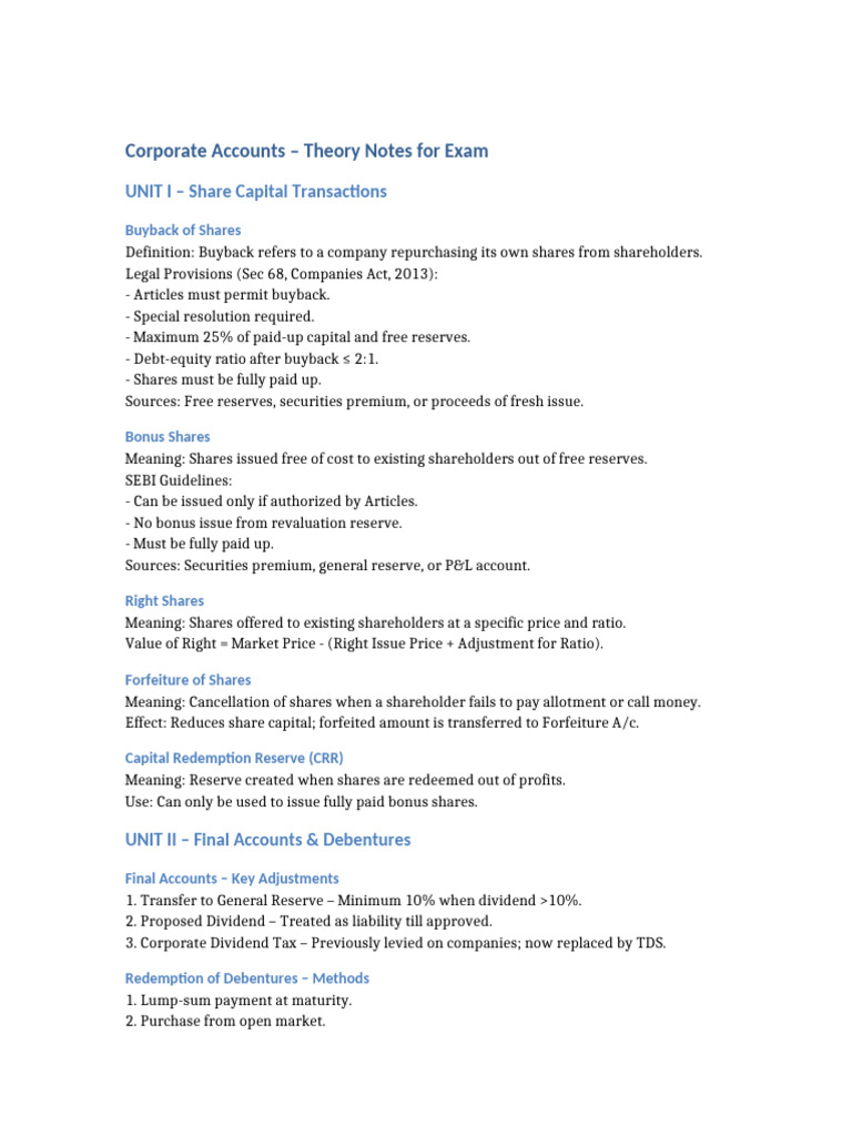 Corporate Accounts Theory Notes | PDF | Share Repurchase | Dividend