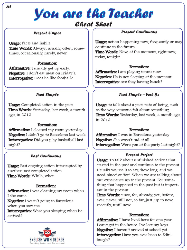 You Are The Teacher Tenses Cheat Sheet A2 Level | PDF | Linguistic ...