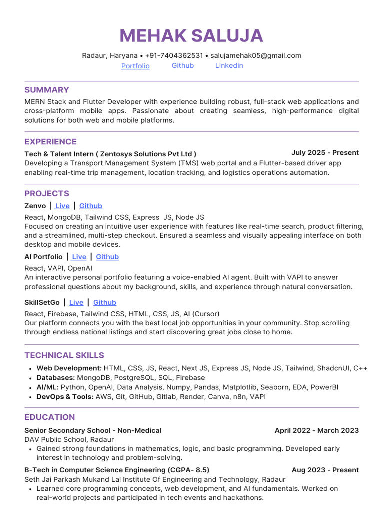 Mehak Saluja: Portfolio Github Linkedin | PDF
