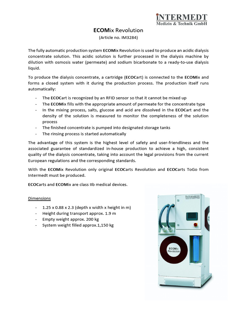 ECOMix Revolution: Automated Dialysis Production | PDF | Hemodialysis ...