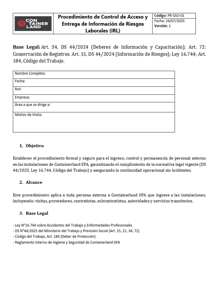 PROCEDIMIENTO DE INGRESO PERSONAL EXTERNO2025 Final 16-09-255 | PDF