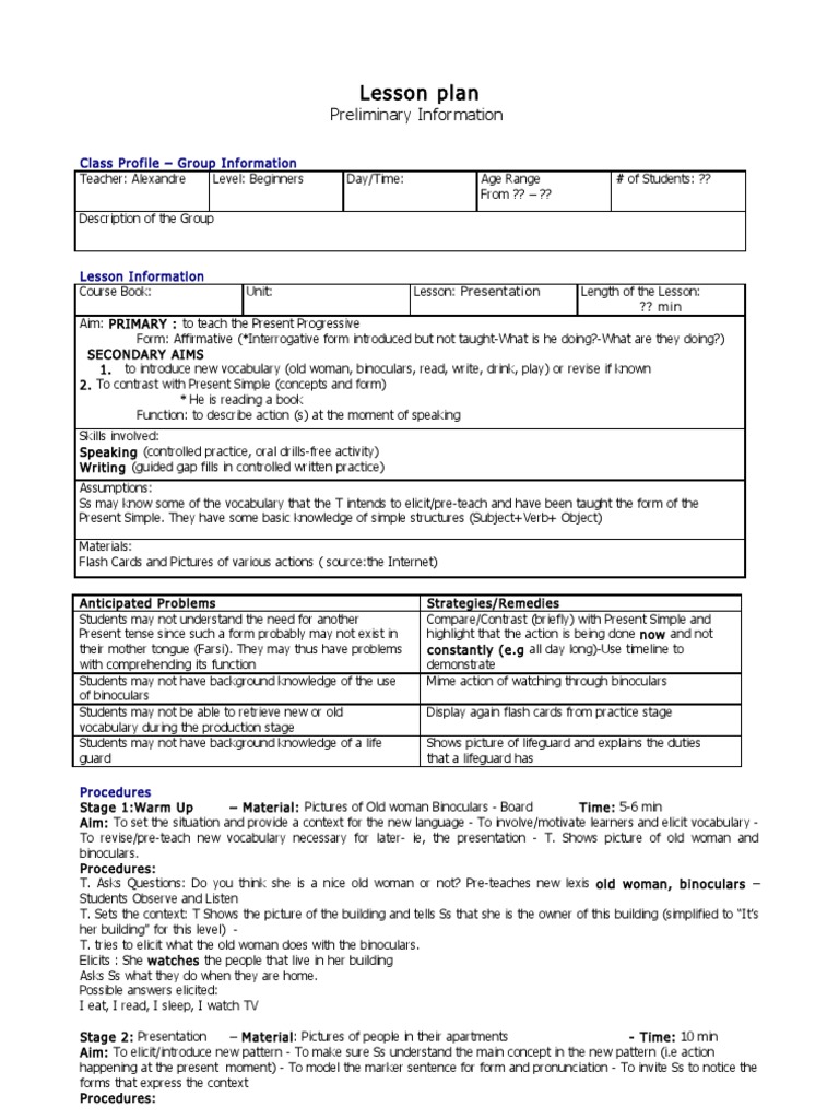 Lesson Plan For Present Continuous 2 | PDF | Lesson Plan | Vocabulary