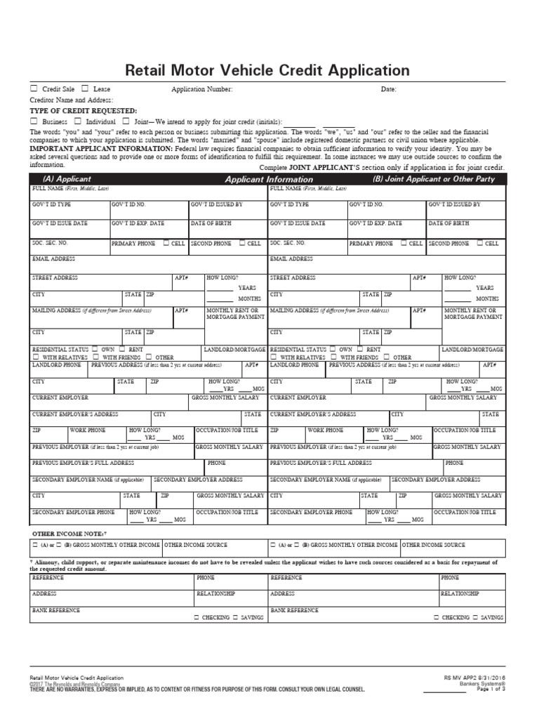 Retail Motor Vehicle Credit Application | PDF | Insurance | Credit