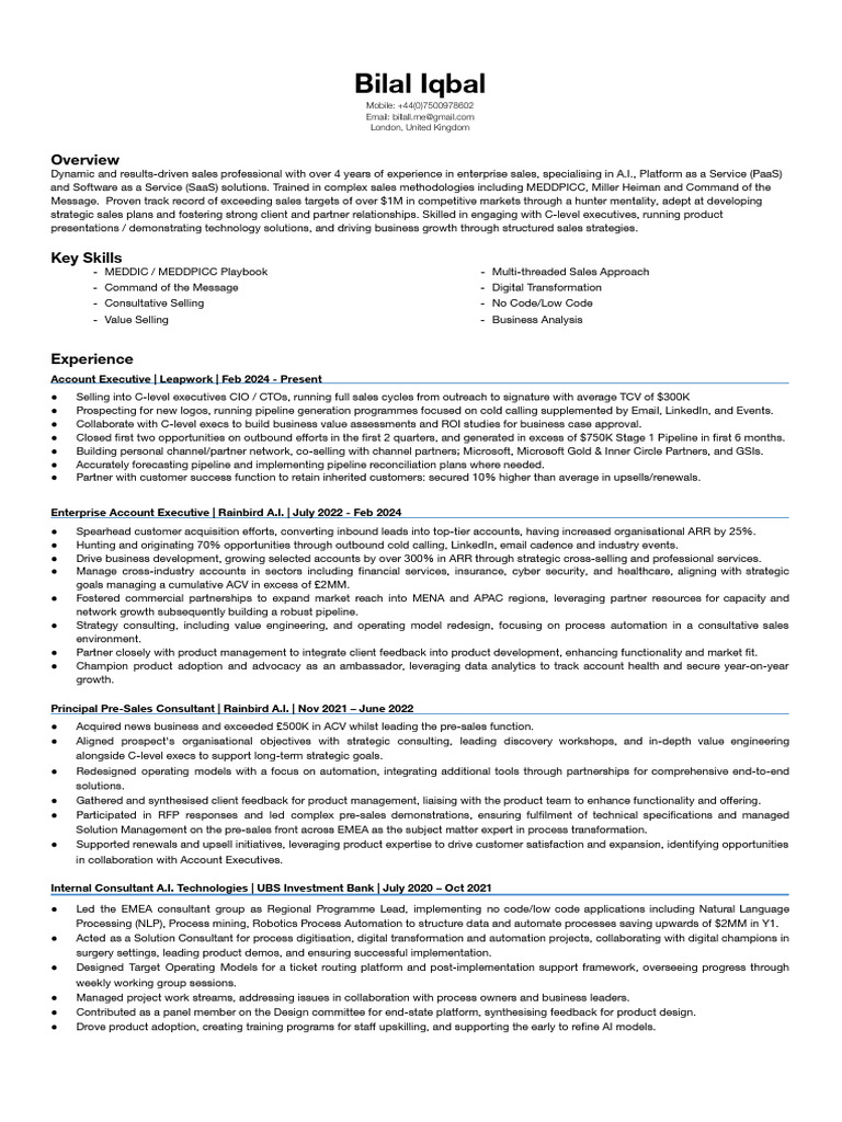 Bilal Iqbal CV | PDF | Sales | Artificial Intelligence