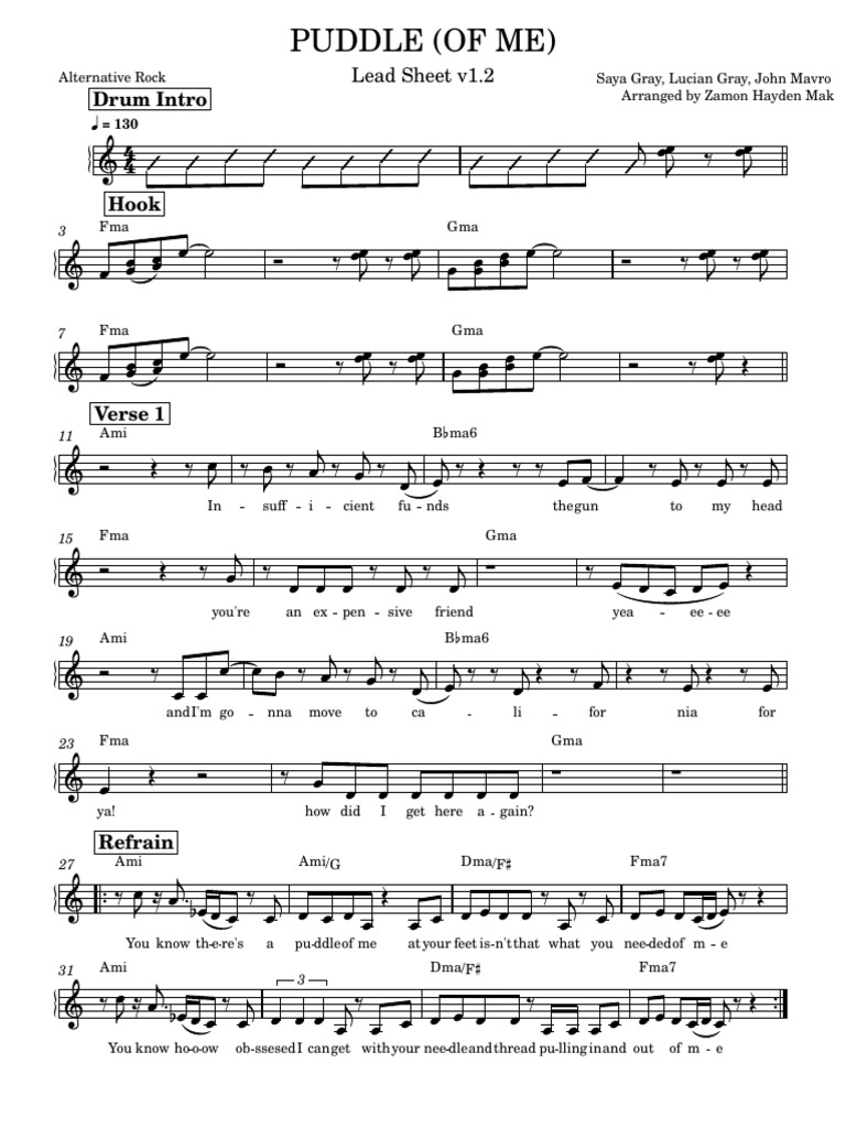 Puddle of Me: Alternative Rock Lead Sheet | PDF