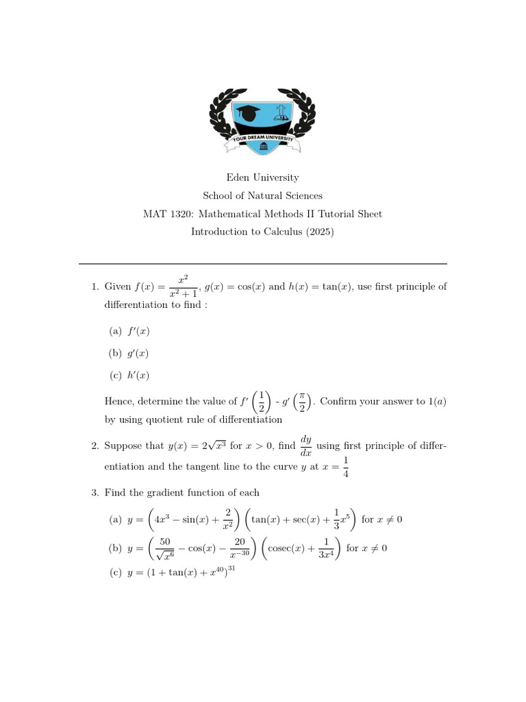 Introduction To Calculus Tutorial Sheet | PDF | Trigonometric Functions | Mathematical Objects