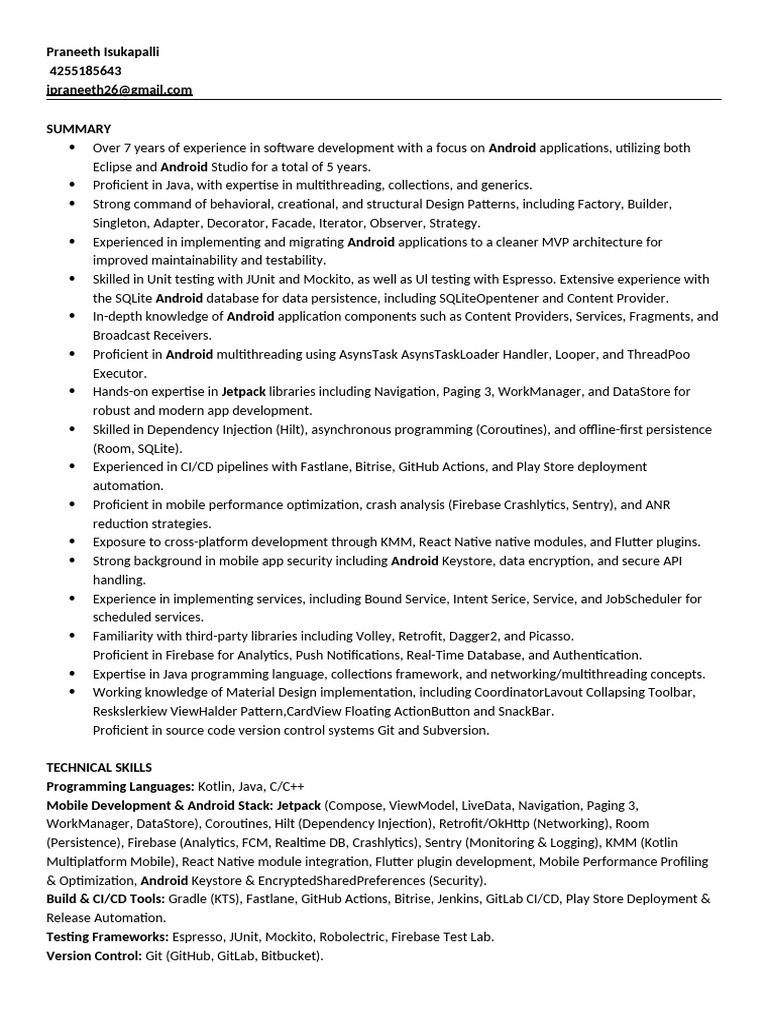 Praneeth Isukapalli Android Software Engineer | PDF | Android (Operating System) | Mobile App