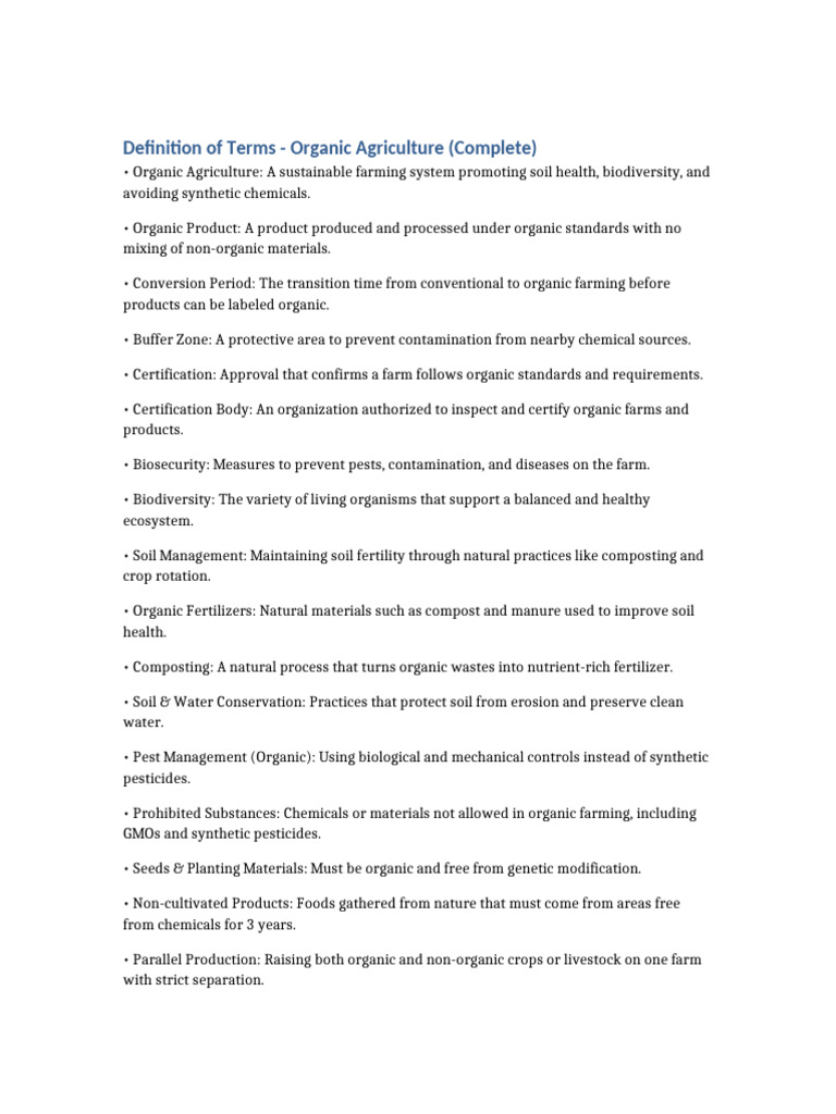 Organic Agriculture Terms Explained | PDF | Organic Farming | Agriculture