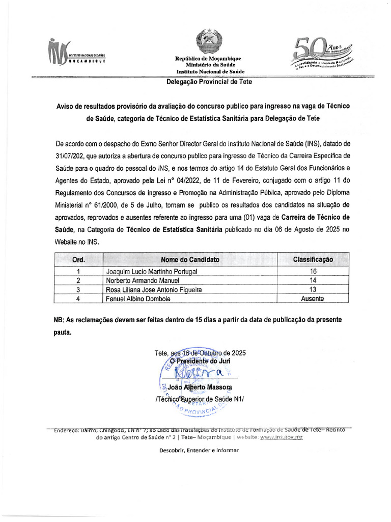 Tete Tecnico de Estatistica Sanitaria | PDF