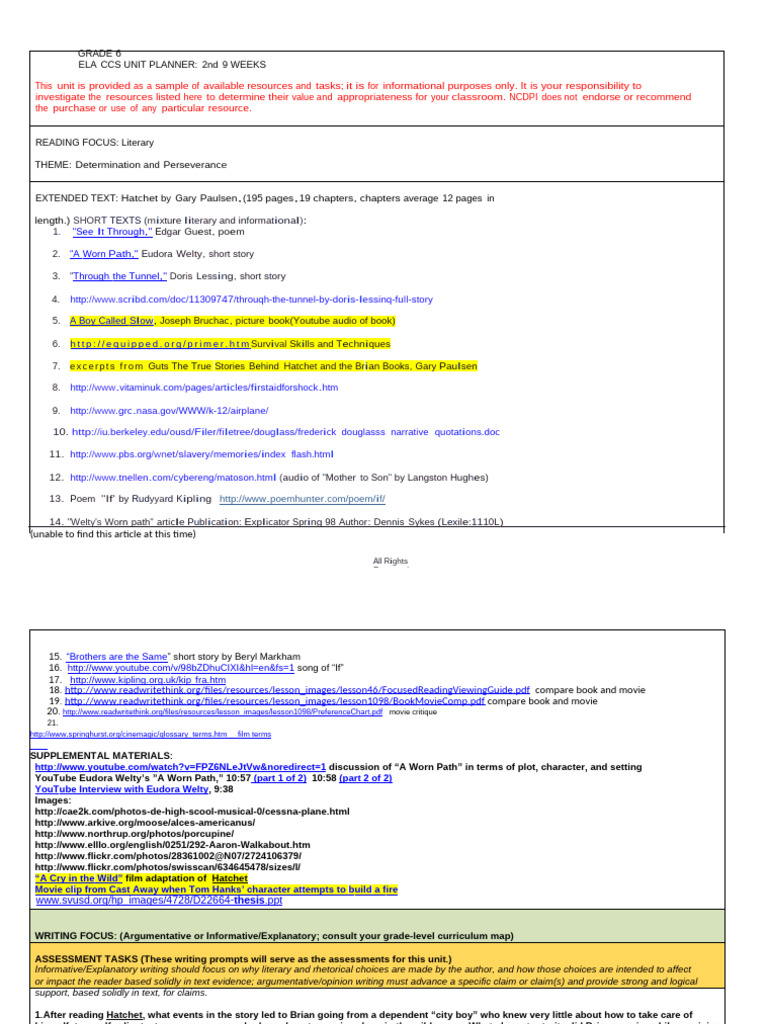 Ccgps - Ela - Grade - 6 - Hatchet Weeks 1-2 Beginning January 2, 2013 ...