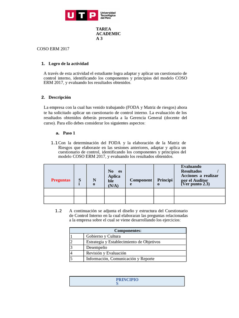 ? (AC-S12) Semana 12 - Tema 01 Tarea Académica 3 - COSO ERM 2017 (TA3) - (Control Interno) | PDF