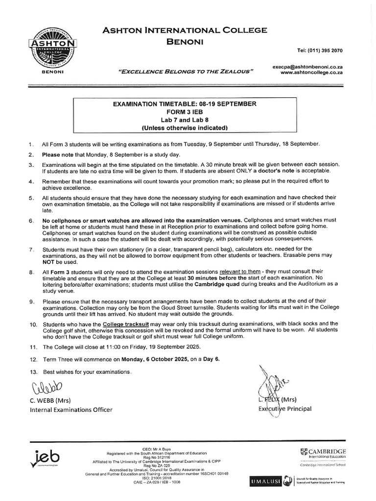 Form 3 IEB September Exam Timetable | PDF