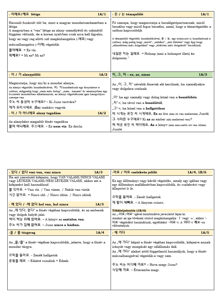 Koreai Nyelvtani Kártyák 1A+1B | PDF