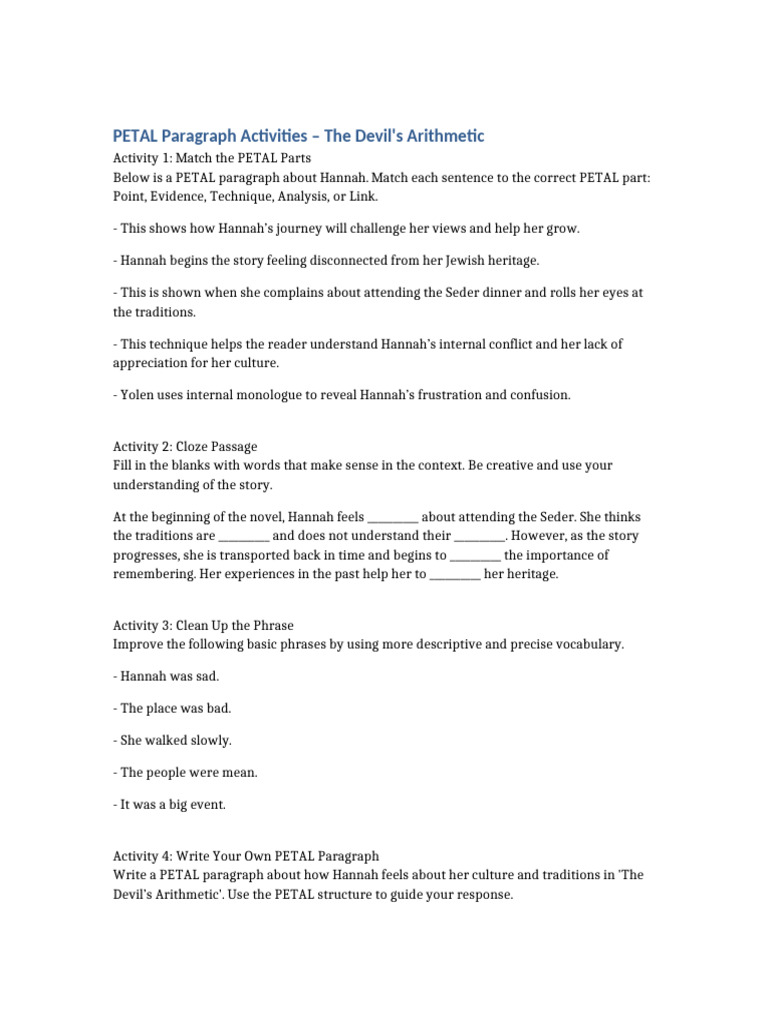 PETAL Activities The Devils Arithmetic | PDF