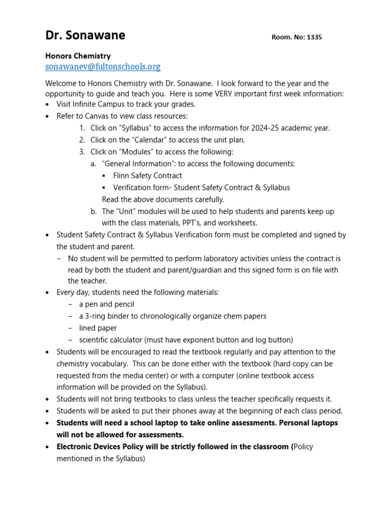 Honors Chemistry Class Guidelines 2024-25 | PDF