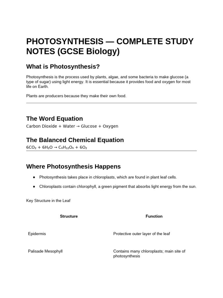 Photosynthesis Complete Notes | PDF | Photosynthesis | Leaf