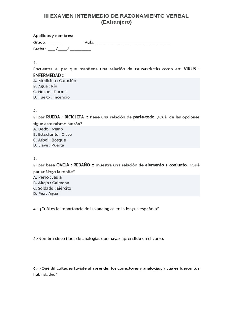 III Examen Extranjero Intermedio de Razonamiento Verbal | PDF