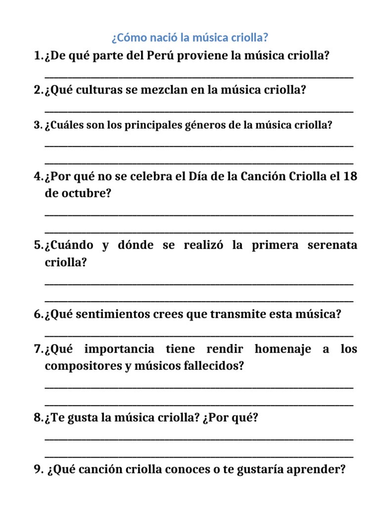Ficha de Comprension Lectora Musica Criolla | PDF