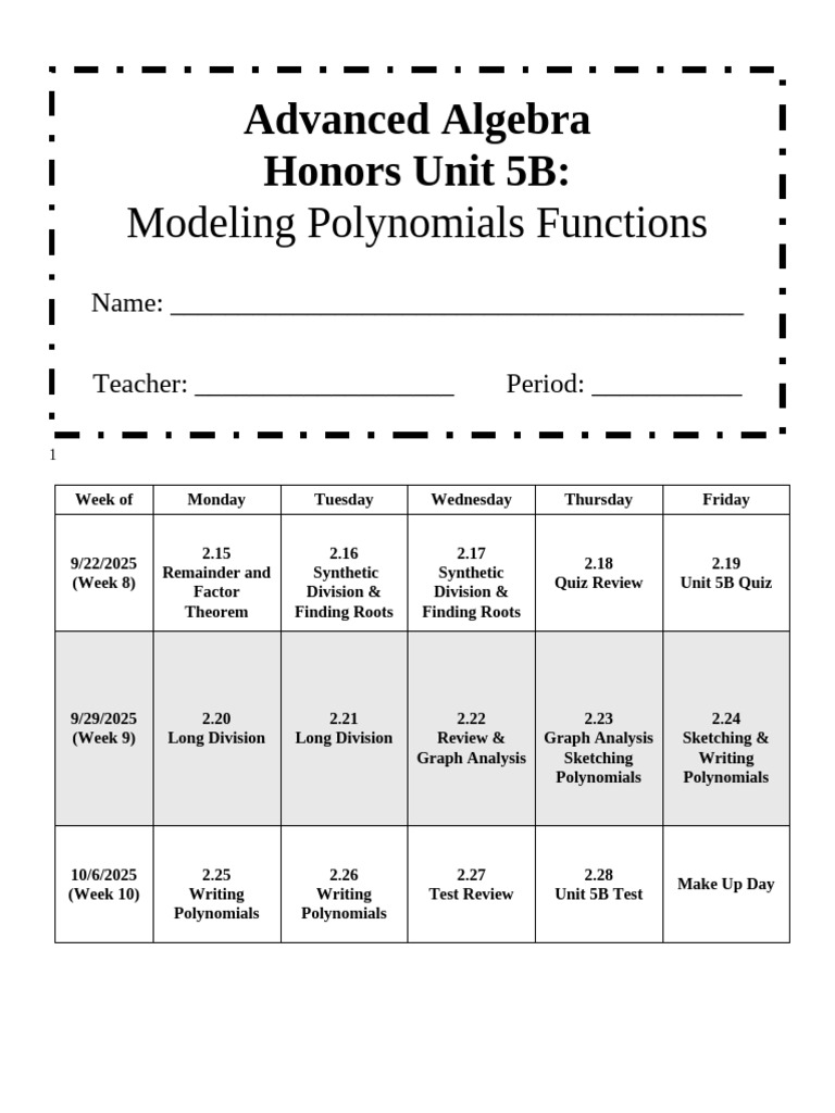 Blank Packet Unit 2B Polynomials 2025 Mulligan | PDF | Factorization ...