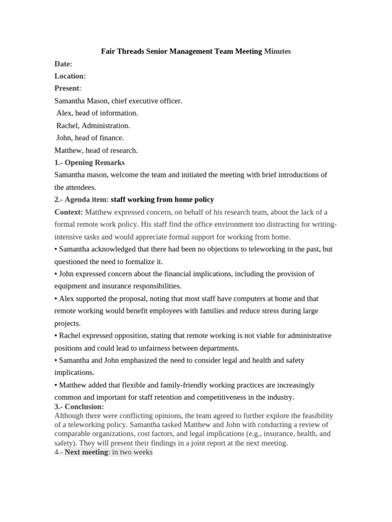 Fair Threads Teleworking Policy Meeting Minutes | PDF