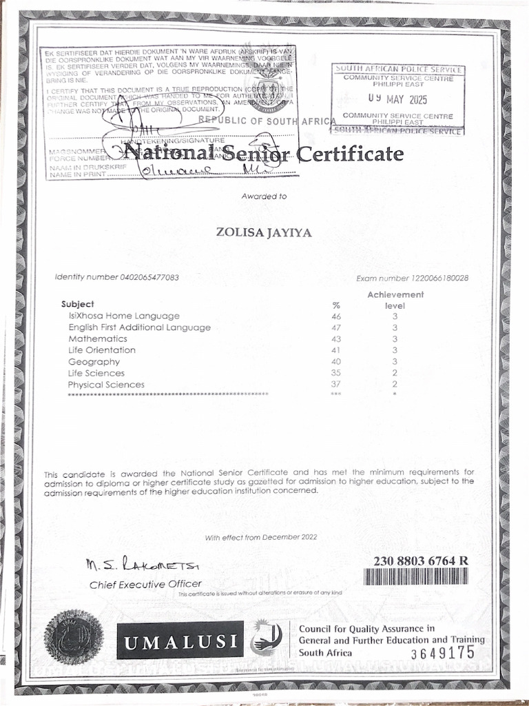 Certified Matric Certificate | PDF