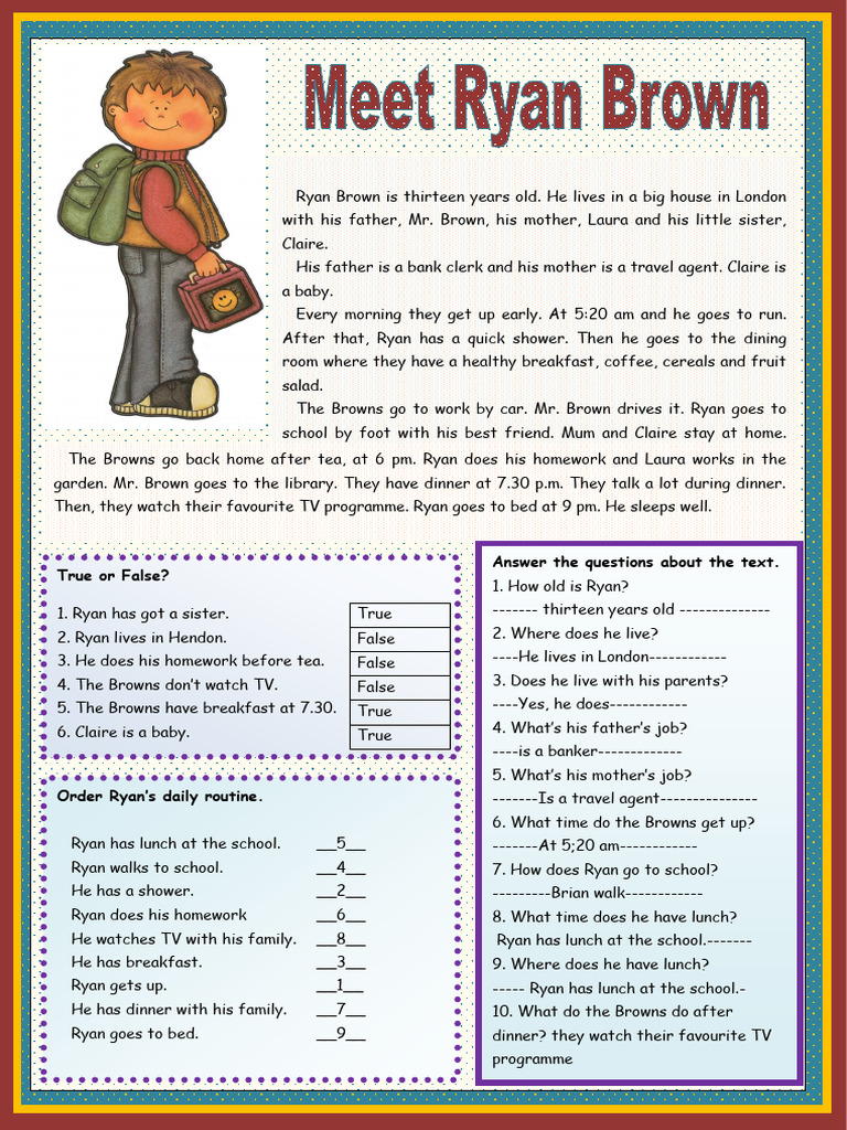 Meet Ryan Brown Reading Comprehension Exercises 6014 | PDF | Lunch | Dinner