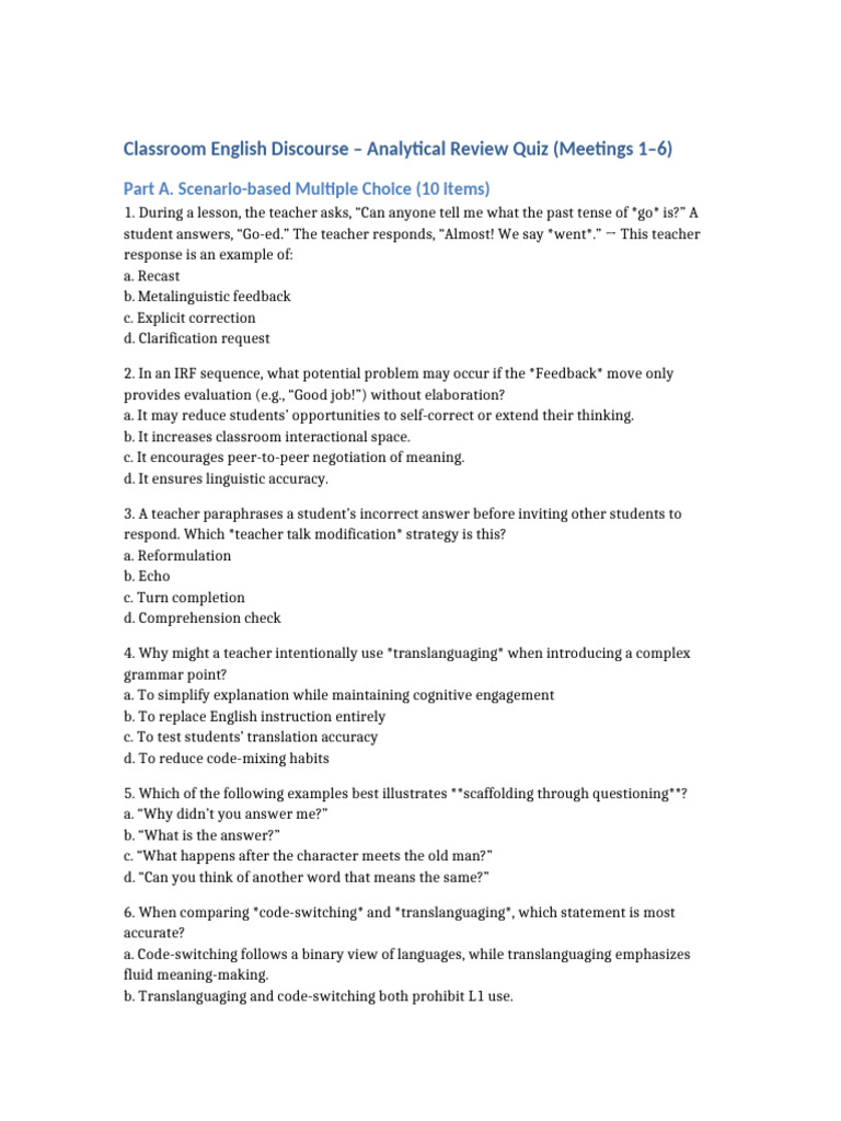 Classroom English Discourse Review Quiz Expanded | PDF | Behavior ...