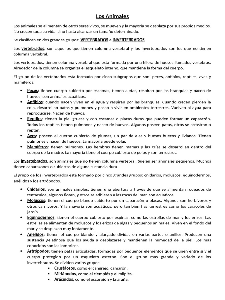 Clasificación de Animales: Vertebrados e Invertebrados | PDF ...