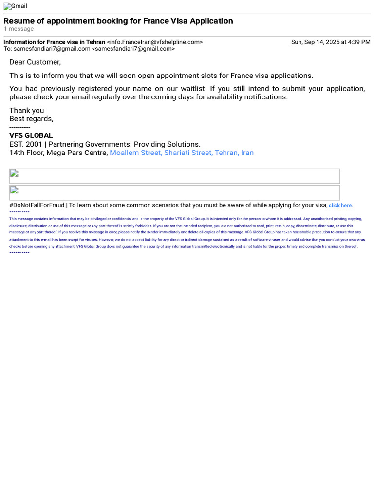 Gmail - Resume of Appointment Booking For France Visa Application | PDF