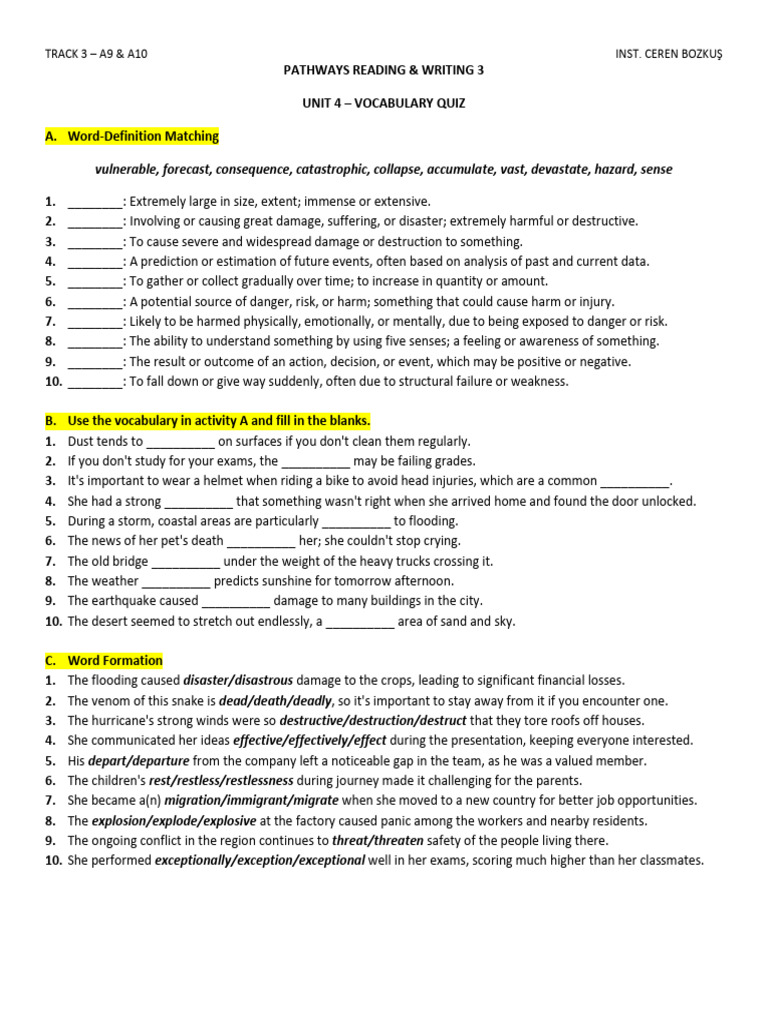 Pathways Unit 4 Vocab Quiz | PDF | Risk | Flood