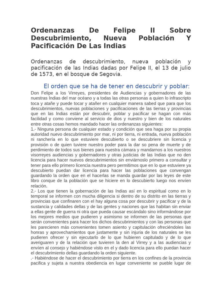 Ordenanzas de Felipe II Sobre Descubrimiento y Fundacion de Ciudades ...