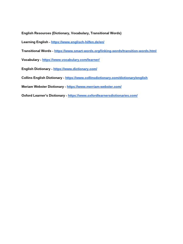 English Resources (Dictionary, Vocabulary, Transitional Words) | PDF