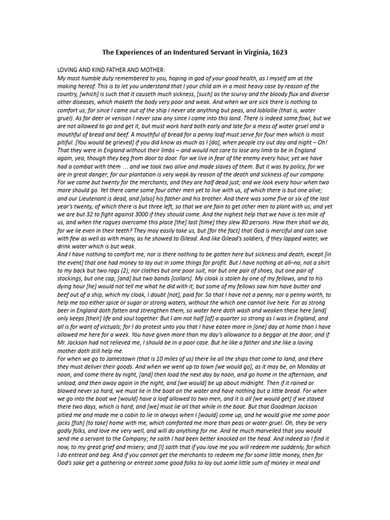 The Experiences of An Indentured Servant Primary Source | PDF