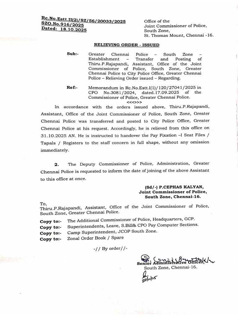 Tr. Rajapandi Assistant - Relieving Order - Issued | PDF