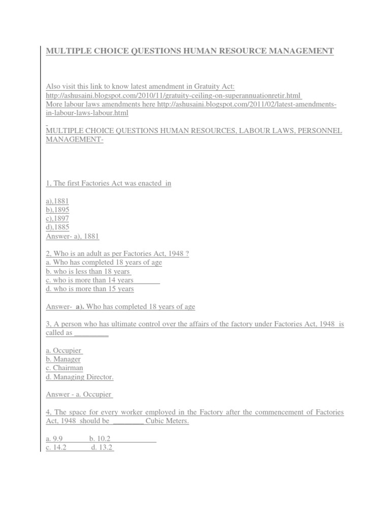 Multiple Choice Questions Human Resource Management | PDF | Employment ...